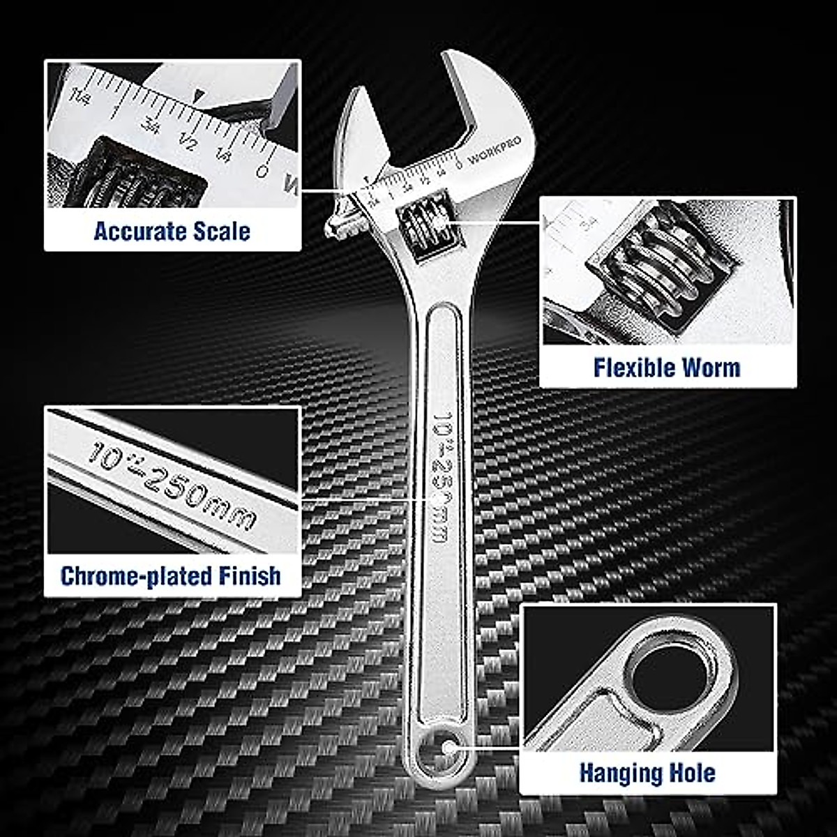 WORKPRO 4-piece Adjustable Wrench Set, Forged, Heat Treated, Chrome-plated (6-inch, 8-inch, 10-inch, 12-inch)