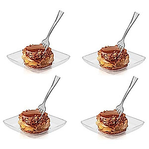 40 2.5" Mini Square Dessert Plates And 50 4" Mini Silver Tasting Forks. 90 Piece Tasting Sampling Dessert Appetizer Set. Disposable Plastic Hors D'oeuvres Combo Set.
