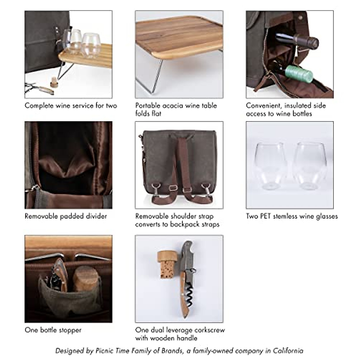 LEGACY - a Picnic Time Brand Adventure Wine Tote Glasses and Mini Table, 2 Bottle Picnic Bag, (Khaki Green with Brown Accents)