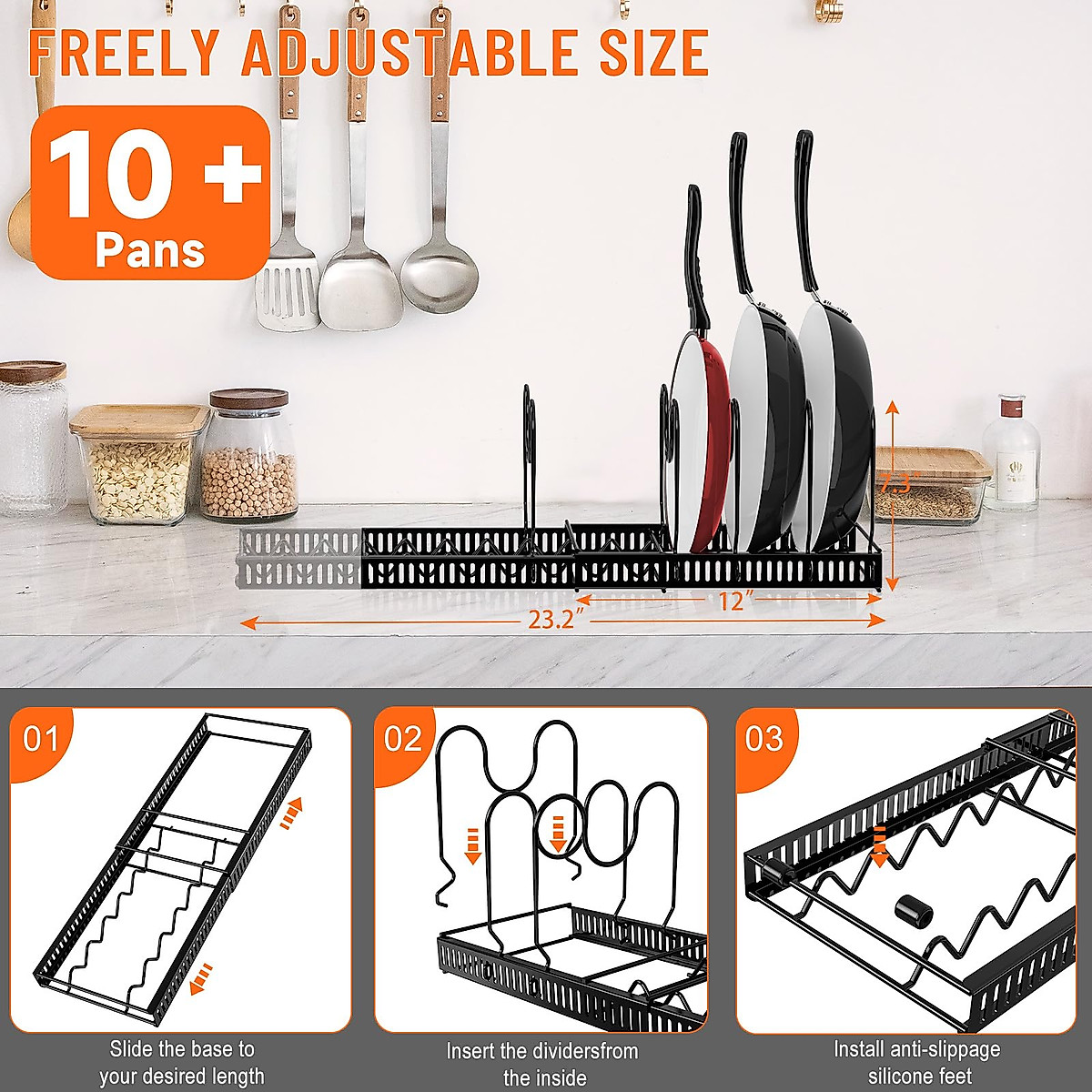 AHNR Expandable Pot and Pan Organizers Rack, 10+ Pans and Pots Lid Organizer Rack Holder, Kitchen Cabinet Pantry Bakeware Organizer Rack Holder with 10 Adjustable Compartments (Black)