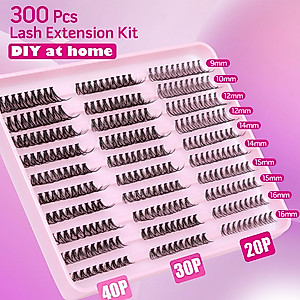 Eyelash Extensions Kit 300 Pcs Lash Clusters Individual Lashes with Strong Hold Lash Bond and Seal and Cluster Eyelashes Applicator Tool (20D/30D/40D)