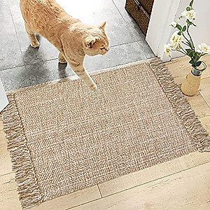Collive Small Bathroom Rug, 2' x 3' Hand-Woven Low Profile Front Entryway Rug, Tan Cotton Reversible Washable Kitchen Mat Modern Farmhouse Carpet for Foyer Bedroom Back Door Decor