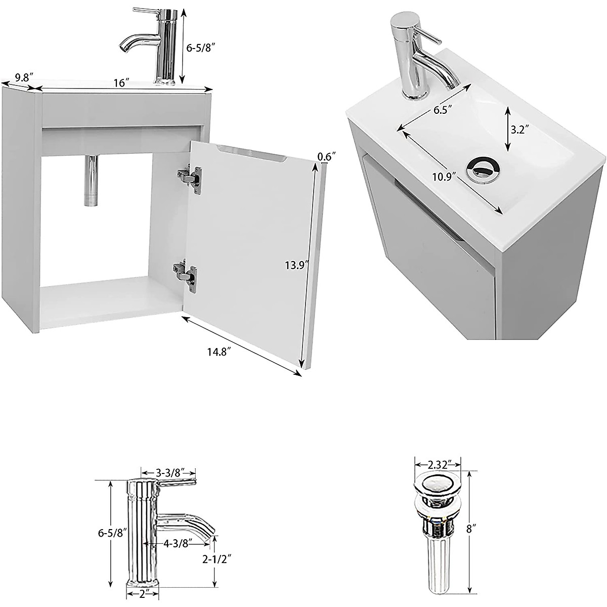 UEV 16" Small Bathroom Vanity Wall Mounted,Grey Small Bathroom Vanity with Ceramic Sink,Bathroom Vanity and Sink Combo,Chrome Faucet P-Trap Include (Grey)
