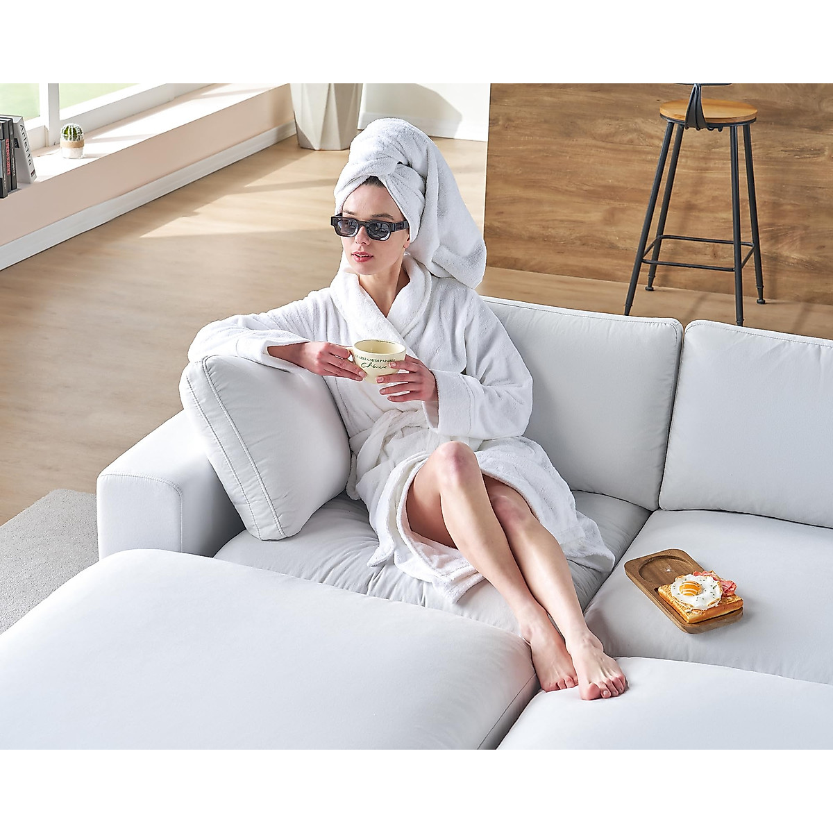 PaPaJet Modular Sectional Sofa, 114 Inches Oversized Down Filled Sectional Sofa, 4 Seats L Shaped Comfy Couch with Chaise, Ottoman, Could Sofa for Living Room, White Linen Couch Set