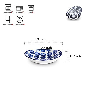 Selamica 8 inch Porcelain Oval Serving Bowls for Salad, Dessert, Oven Safe, Dinner Plates, Pasta Bowls Set of 6 (Vintage Blue)