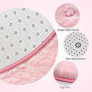 Merelax Pink Round Rug for Girls Room, 4'x4' Fluffy Circle Rugs for Teen Girls Princess Castle Cute Nursery Rug for Kids Room, Furry Shaggy Rug for Dorm Bedroom, Fuzzy Plush Circular Carpet for Baby