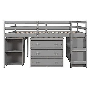 Solid Wood Full-Size Low Loft Bed Frame with Ladder for Kids Bunk, Cabinet + Desk, Pure Gray