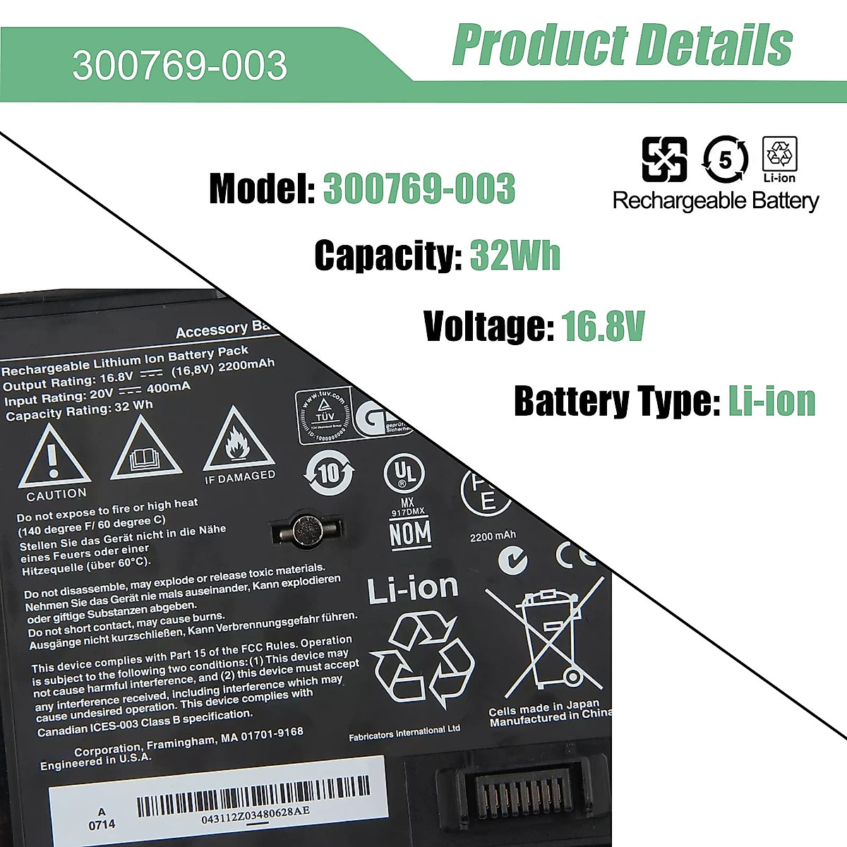 300769-003 Battery Replacement for Bose Sounddock Portable Digital Music System SoundLink Air Series 300769-001 300769-004 300769-002 300770-001 4ICR19/66 16.8V 32Wh 2200mAh