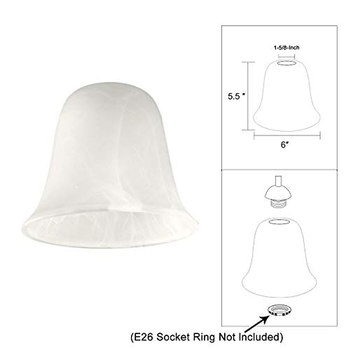 Anmytek 3 Pack Bell Shaped Alabaster Glass Lamp Shade, Lighting Fixture Accessory Lampshade Glass Replacement with 1-5/8-inch Opening Fitter, A00043