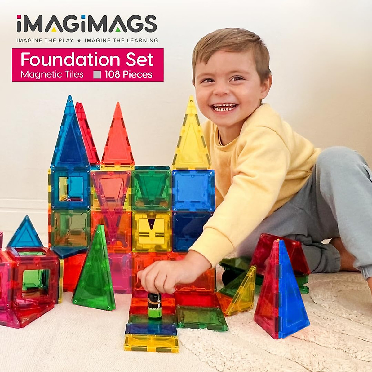 Imagimags Magnetic Building Tiles, 108 Piece Foundation Set for Boys Girls Kids, Educational Creative Learning Activity Building Block Toddler Toys, STEM, Children Ages 3 Years +