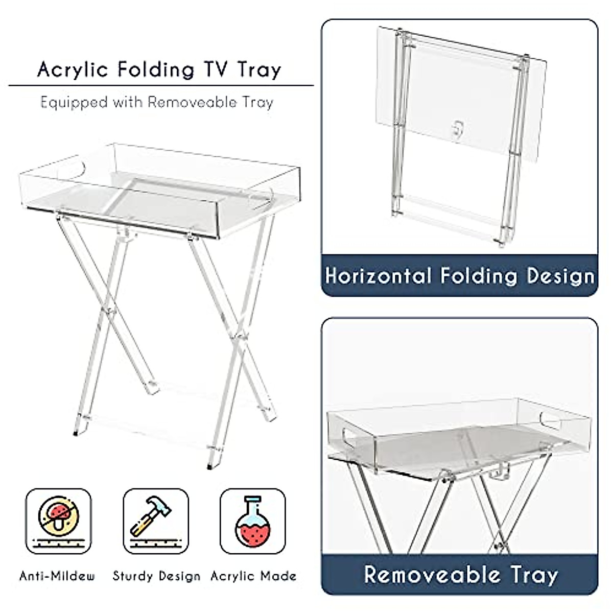 CRYSFLOA TV Tray with Removable Tray Acrylic Folding TV Tray Table Foldable Furniture Modern Small Desk Acrylic Serving Tray Top for Living Room, Bed Room, Kitchen Serving Table with Storage