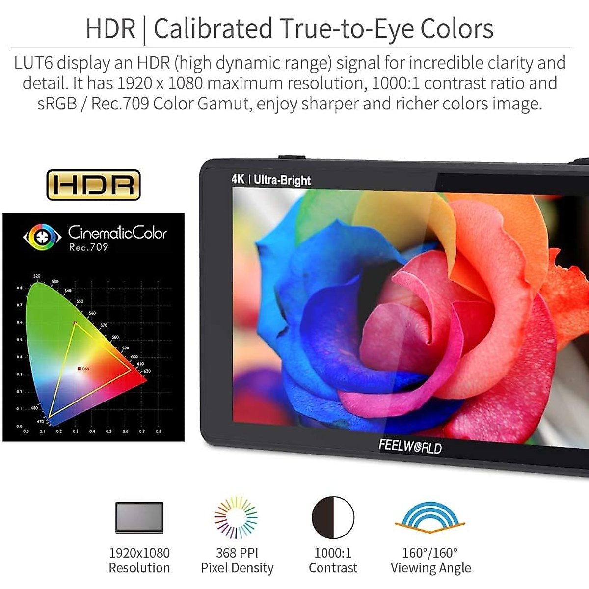 FEELWORLD LUT6 6 Inch 2600nits HDR 3D LUT Touch Screen DSLR Camera Field Monitor with Waveform VectorScope Histogram 4K HDMI Input Output 1920X1080 IPS Panel