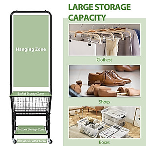 Mosxoed Laundry Cart with Wheels and Hanging Rack, Rolling Laundry Basket with Clothes Rack Laundry Butler with Wire Storage Rack Coat Rack for Laundry Bedroom Hallway, Black