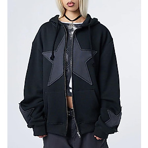 Womens Y2K Long Sleeve Hoodies Zip Up Star Graphic Track Jackets Hip Hop Harajuku Oversized Sweater Sweatshirts