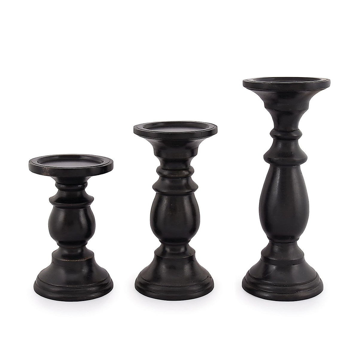 SAMHITA Set of 3 Farmhouse Mango Wood Candle Holders, in Black Finish for Table Centerpiece Candle for Any Room Decor