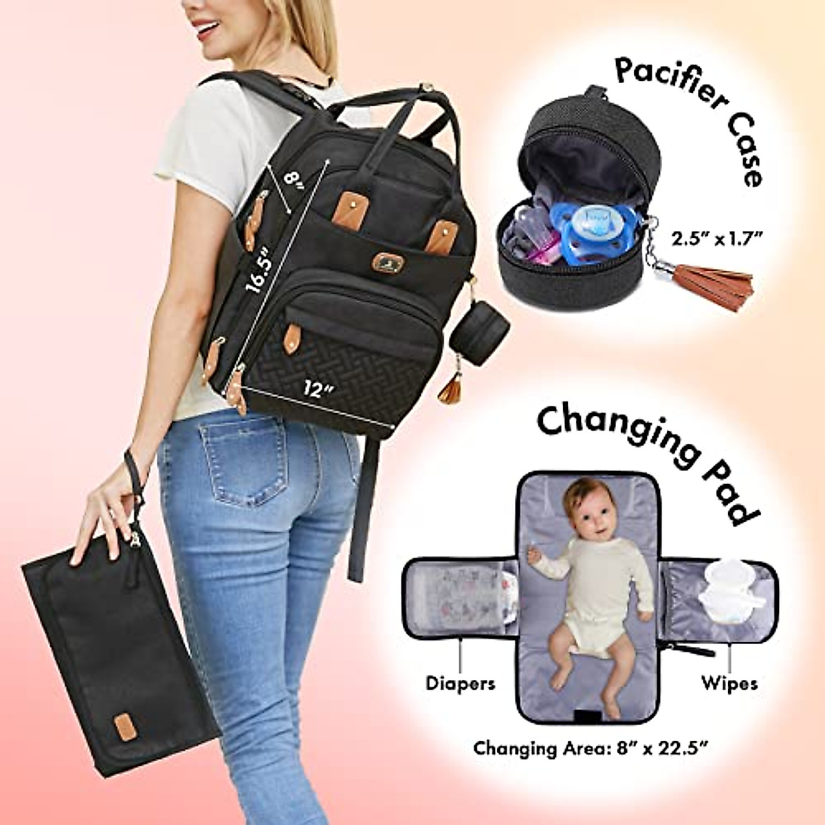 Dikaslon Diaper Bag Backpack with Portable Changing Pad, Pacifier Case and Stroller Straps, Large Unisex Baby Bags for Boys Girls, Multipurpose Travel Back Pack for Moms Dads, Black