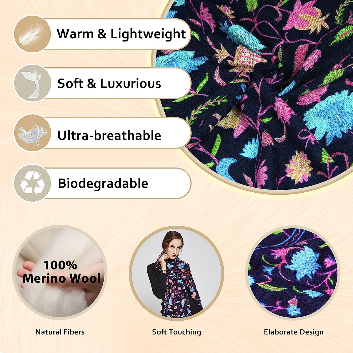 DANA XU 100% Merino Wool Extra Large Pashmina Blanket Travel Scarf Cashmere Wrap for Women Fall Winter Oversize Shawl Floral