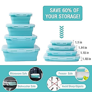 bryantye Set of 4 Collapsible Silicone Food Storage Containers with Lids, Foldable Meal Prep Sets, BPA Free Silicone Bento Lunch Boxes for Kitchen and Camping, Dishwaser Safe, Blue