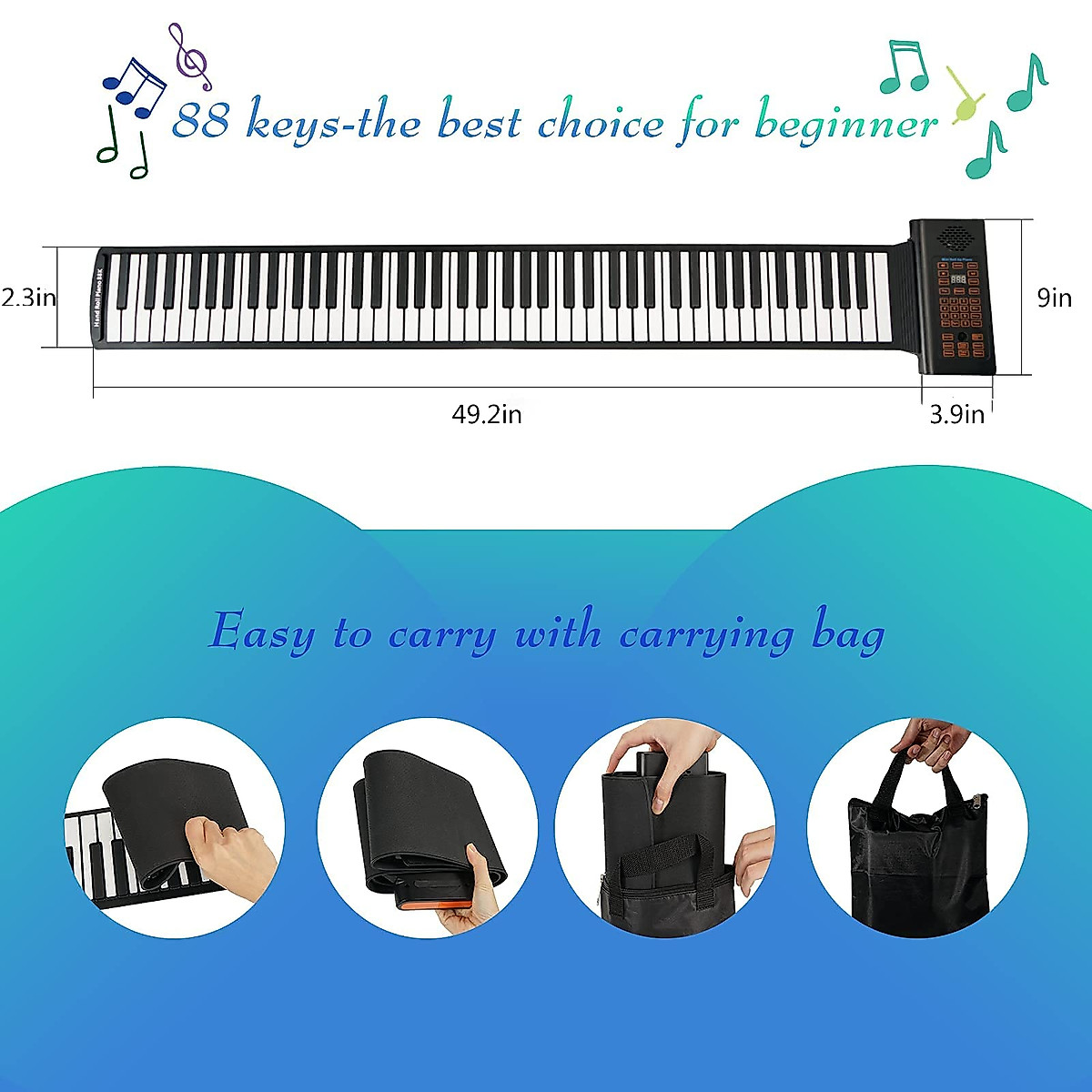88 Keys Portable Piano With Storage Bag,Keyboard Hand Roll Piano,Roll Up Keyboard Piano, Foldable Piano,Roll Out Piano,Kids Keyboard Piano, Travel Piano …
