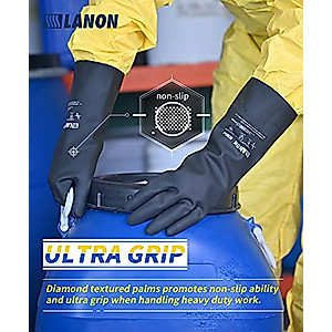 LANON Rubber Chemical Resistant Gloves, Reusable Heavy-duty Safety Work Gloves, Acid & Alkali Protection, Non-Slip, Large