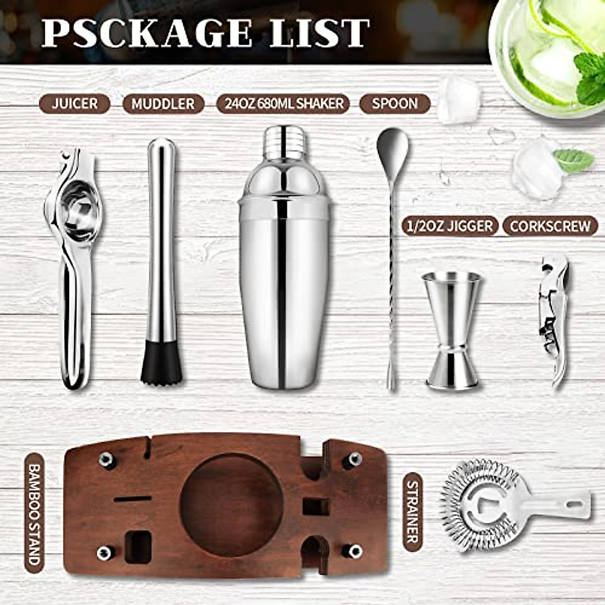 Bartender Kit,Cocktail Shaker Set with Bamboo Stand,Perfect Home Bartending Kit and Martini Drink Mixer Set,Bar Tool for an Awesome Drink Mixing Experience, Idea