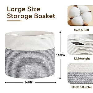 Comfymon Extra Large Cotton Rope Basket 24" x 24" x 17.3" Blanket Basket for Living Room, Woven Baby Laundry Hamper with Handles, Toy Storage Bin, XXXLarge Baskets for Storage, Grey