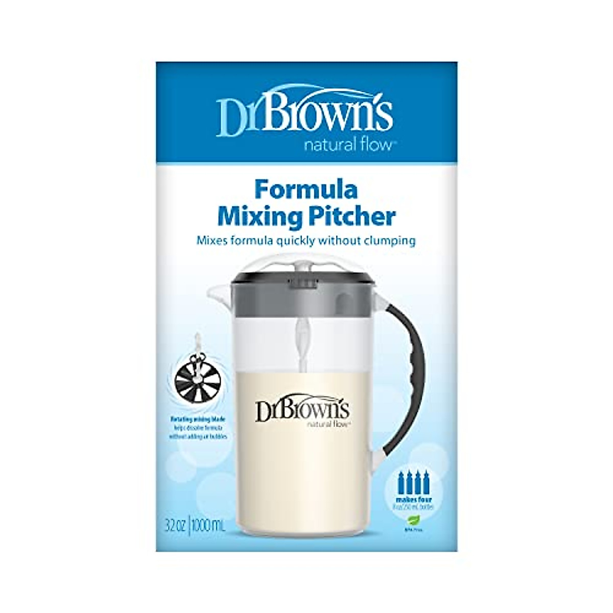 Dr. Brown's Baby Formula Mixing Pitcher with Adjustable Stopper, Locking Lid, & No Drip Spout, 32oz, BPA Free, Black