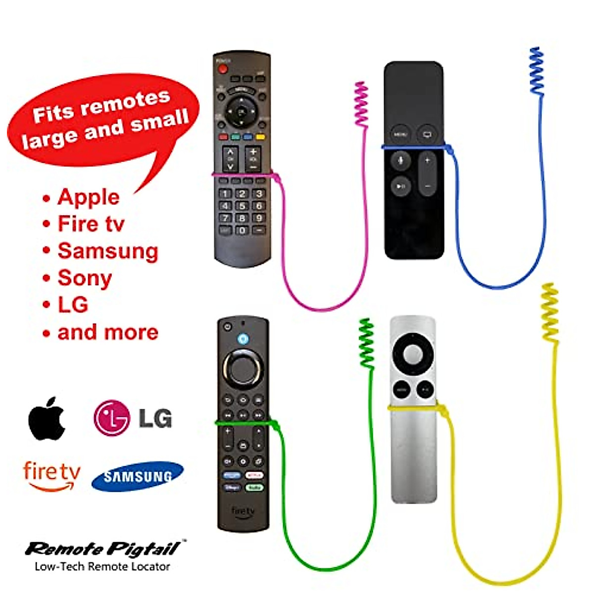 Remote Pigtail | Never Misplace Your Remote Again | Remote Tether | Lost Remote Solution | Fits Apple, Samsung, Sony, LG, Dyson and Other remotes | Silicone | 4-Pack (2 Green & 2 Orange)