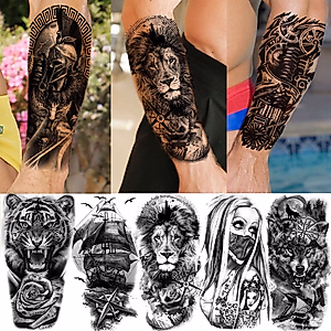 Bilizar 63 Sheets Tribal Wolf Lion Tiger Temporary Tattoos For Men Women Adults, Scary Halloween Skull Gangster Fake Tattoo Stickers Kids, Small 3D Realistic Tattoos Thigh Arm Neck Elephant Warrior