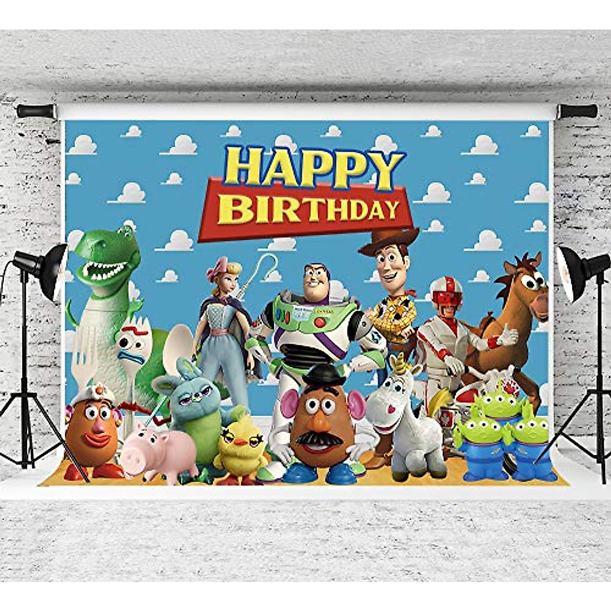 Toy Story Theme Happy Birthday Party Photography Backdrops Blue Sky White Clouds Indoor Banner 5x3ft Kids Birthday Party Photo Background Cake Table Decoration Supplies Studio Booth Props