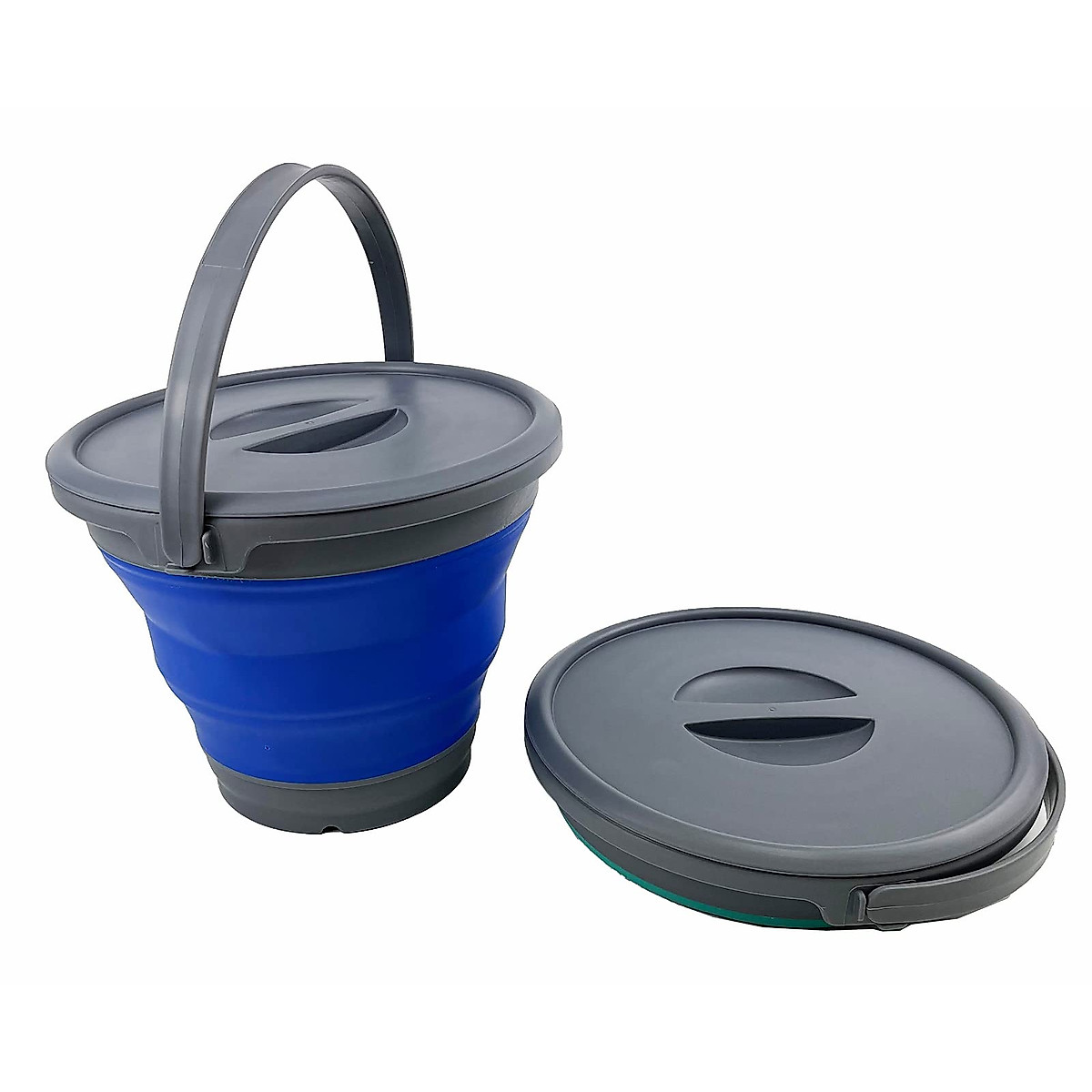 SAMMART 5.5L (1.4 Gallon) Collapsible Plastic Bucket with Lid - Foldable Round Tub with Lid - Portable Fishing Water Pail - Space Saving Outdoor Waterpot. (Purplish Blue +Turquoise Blue)