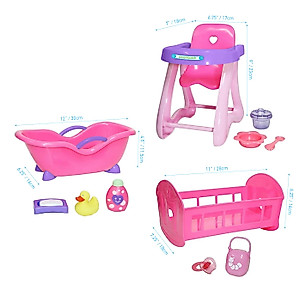 JC Toys Deluxe Doll Accessory Bundle | High Chair, Crib, Bath and Extra Accessories for Dolls up to 11" | Fits 11" La Baby & Other Similar Sized Dolls, Pink (81453)