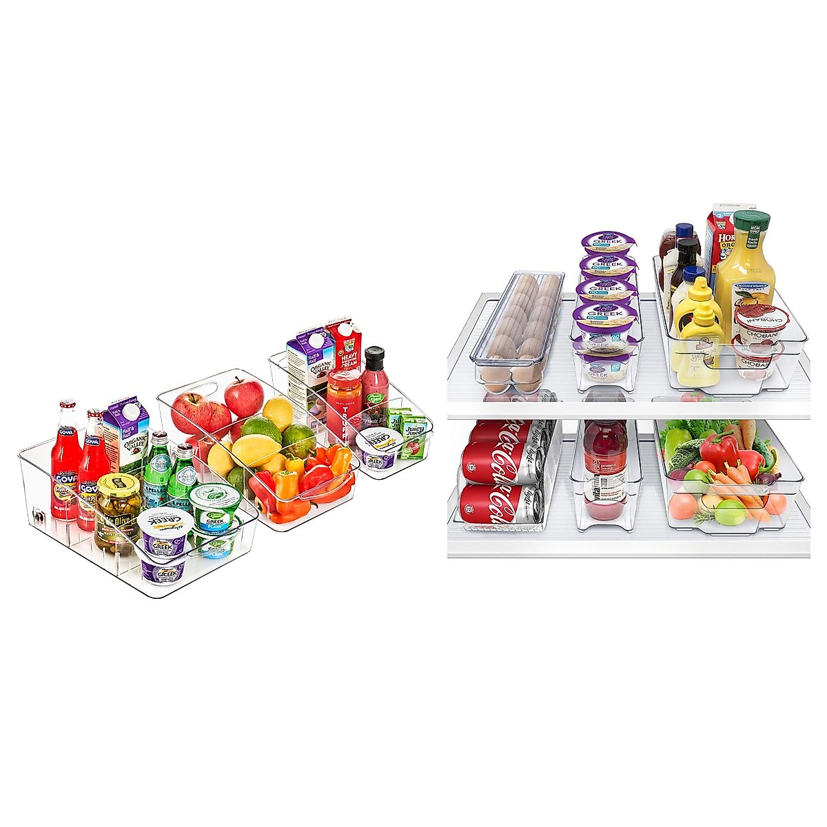 Sorbus Clear Fridge Organizer Bins & Curved Clear Rolling Bins Set - 6 Set with Egg Holder, Can Dispenser, and Varying Sizes - Curved 3 Piece Clear Storage Design with Handles, Dividers, and Wheels
