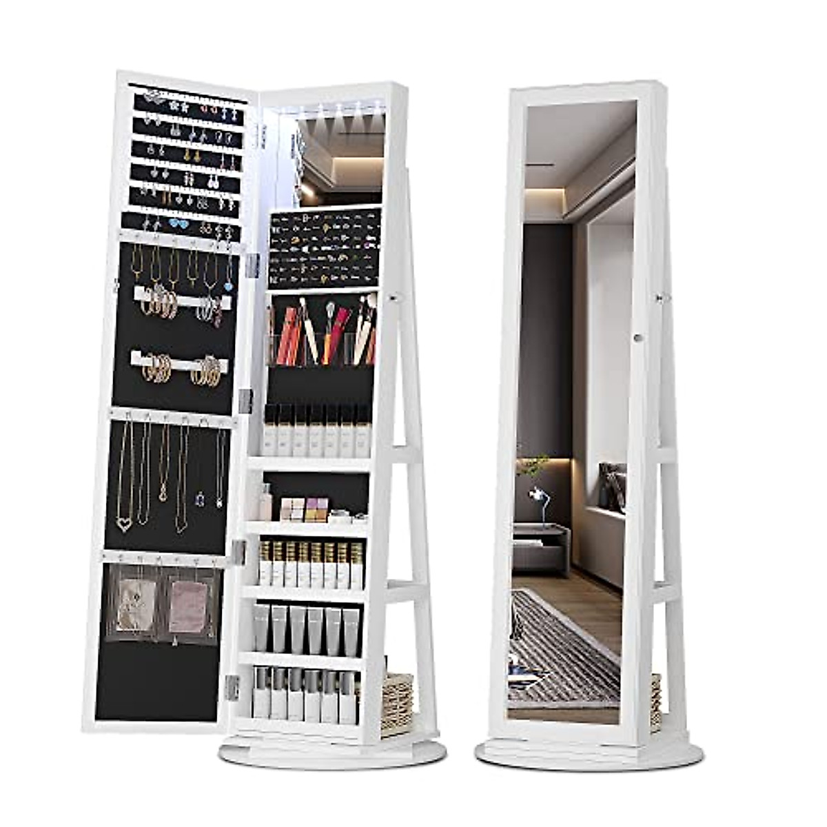 OUTDOOR DOIT 360° Rotating 67'' Jewelry Armoire with 6 LEDS, Full Length Mirror Large Capacity Jewelry Organizer Armoire, Lockable Floor Standing Mirror with Back Storage Shelves