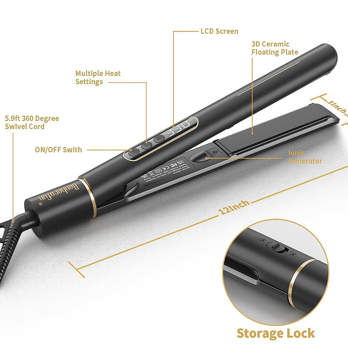 Ceramic Hair Straightener - Professional Flat Iron 13 Adjustable Temp 230°F-450°F, Negative Ion for Smooth & Shiny Hair, Dual Voltage 100V-240V Travel Friendly & 1 Hour Auto-Off
