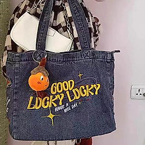 Tote Vintage Denim Embroidery Casual Cool Girl Shoulder Bag Soft Student Large Capacity Shopping Bag Harajuku (blue)