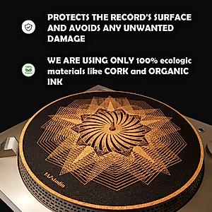 Cork Turntable Mat for Better Sound Support on Vinyl LP Record Player - Original Geometric Design- Dark light Cork slipmat [3mm Thickness]- m5