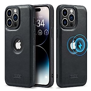 Casus Designed for iPhone 14 Pro Case Compatible with MagSafe Leather Slim Logo View Luxury Elegant Thin Protective Cover (2022) 6.1" - Black