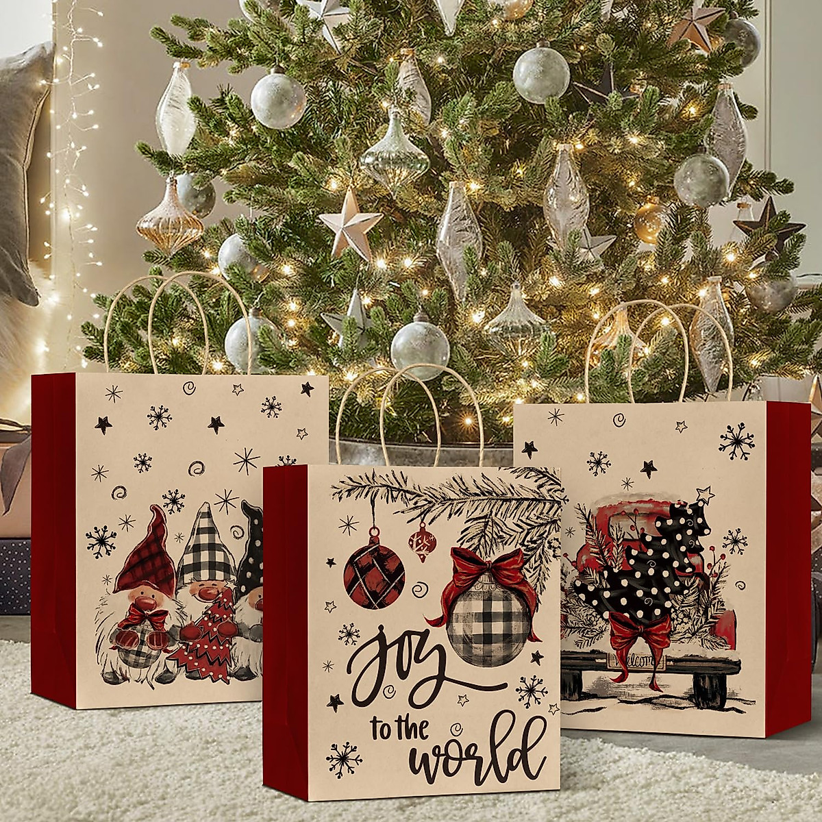 Horaldaily 24 Christmas Gift Paper Bags Bulk with handles Wrapping, Christmas Trees Santa Snowman Truck Deer Ball Ornaments Xmas Holiday Presents(24 Large)