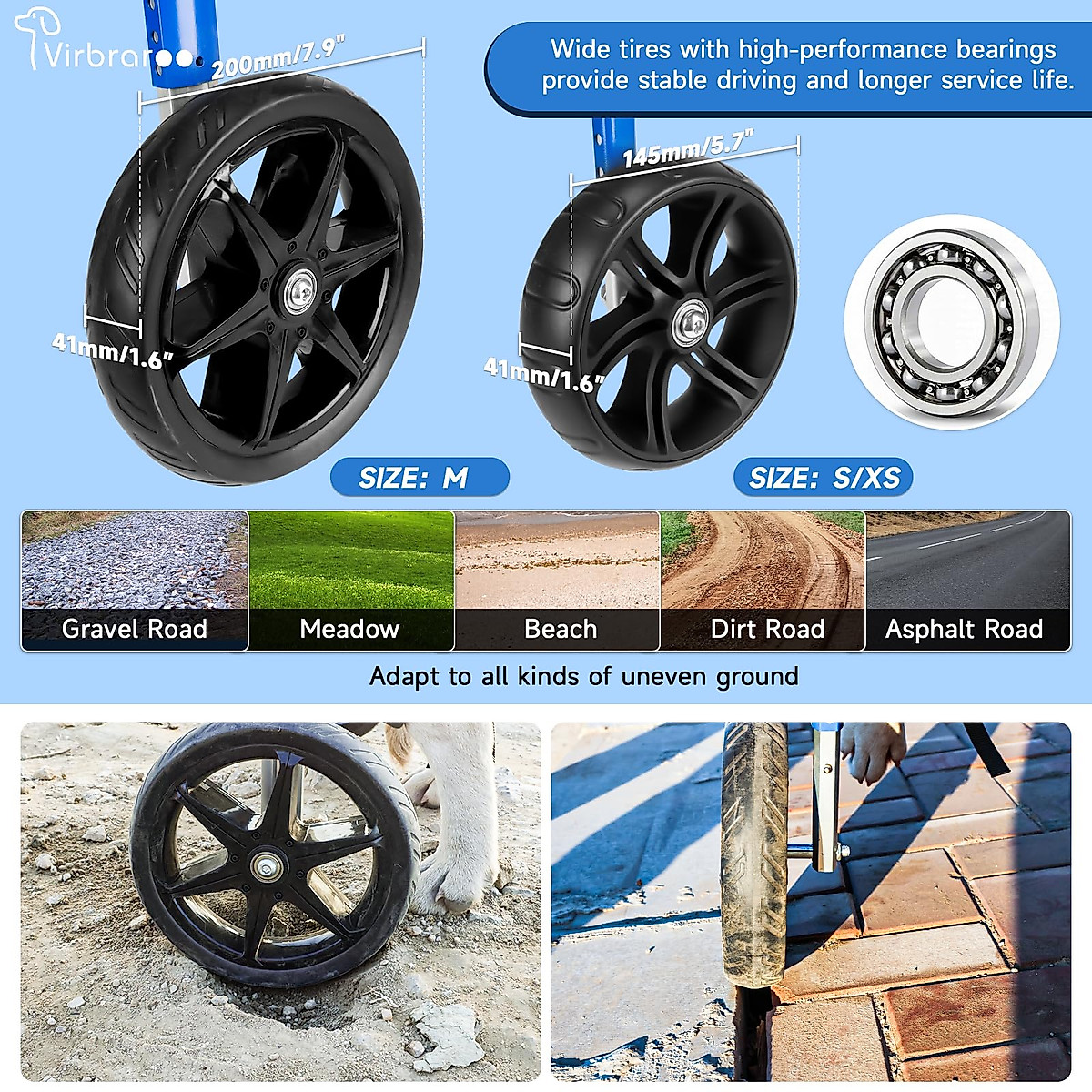 Virbraroo Dog Wheelchair for Back Legs with Upgraded All-Terrain Tires & Durable Bearings,Adjustable Dog Wheelchair for 11.8"-17.7" Lenght,22-35 lbs Disabled or Injured Small Dogs