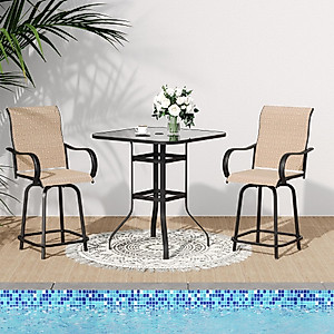 Poteban Outdoor Bar Height Table and Chairs Set for 2, All Weather Patio High Top Bar Set with 2 Bar Chairs and Glass Table for Backyard, Bistro, Lawn, Porch and Pool (Brown)