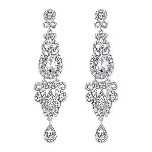 BriLove Women's Wedding Bridal Crystal Art Deco Long Chandelier Dangle Earrings Clear Silver-Tone