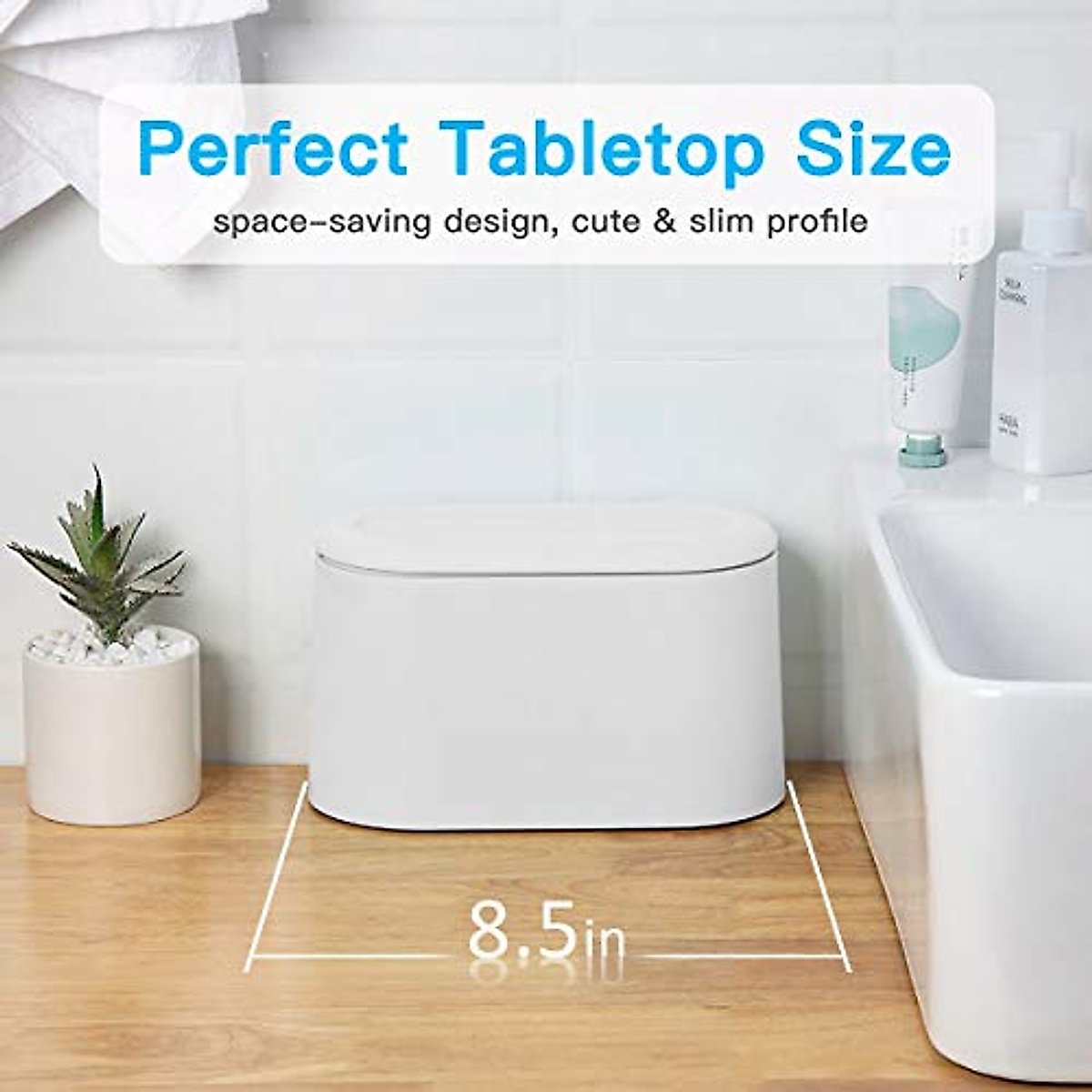 AYADA Mini Trash Can with Lid, Press-Type with Removable Inner Plastic Small Garbage Can Little Tiny Waste Basket Compact Covered Closable Trash Bin, Desk Countertop Office Kids Oval Rectangle (White)