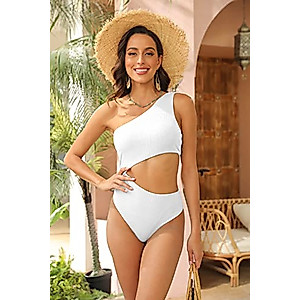 Women's One Piece Ribbed Swimsuit One Shoulder Cutout Swimwear Sexy Bathing Suit White