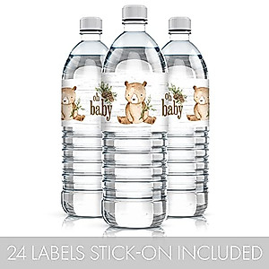 Woodland Bear Baby Shower Water Bottle Labels - Brown Bear Waterproof Wrappers - 24 Stickers