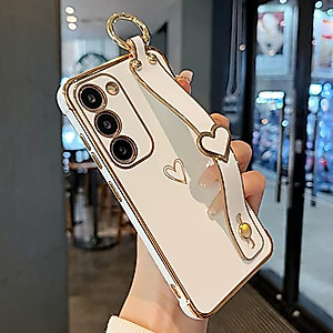 ZTOFERA Samsung Galaxy S23 Plus 5G Case with Kickstand,Luxury Cute Plating Edge Love Hearts Pattern Wrist Strap Finger Holder for Girls Women,Soft Shockproof Cover for Galaxy S23 Plus 6.6",White