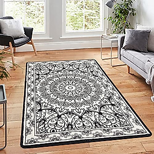 LINROMIA Boho Rug 3' x 5', Persian Floral Area Rug Soft Faux Wool Bedroom Rug Bohemian Washable Accent Rug Mat Indoor Outdoor Non-Slip Throw Carpet for Living Room Dining Black SND White