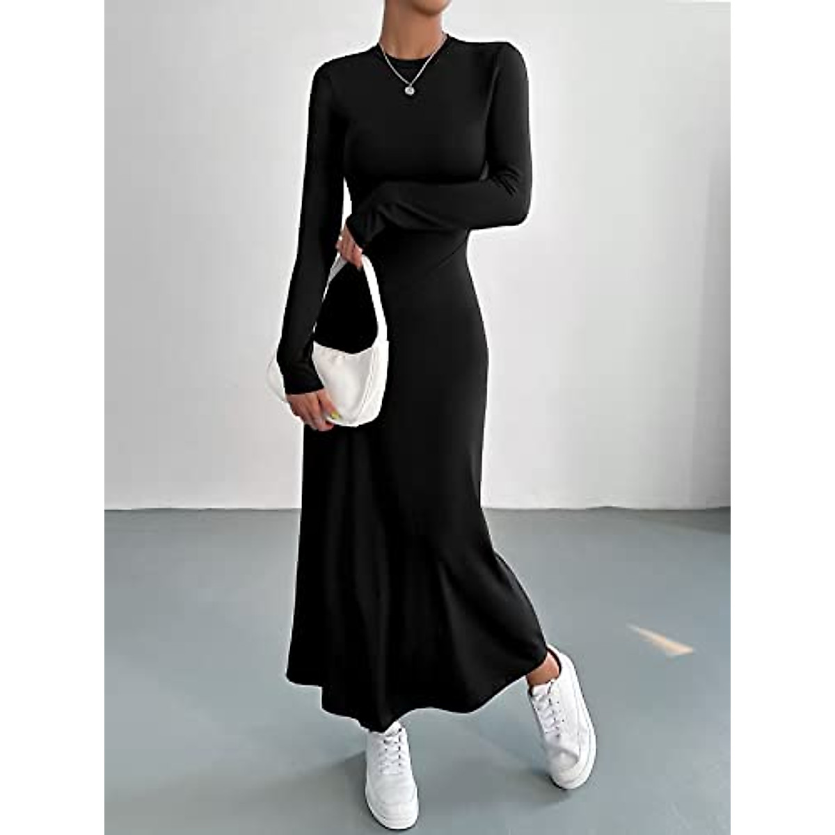 Verdusa Women's Casual Long Sleeve Round Neck Solid A Line Long Maxi Dress Black XS