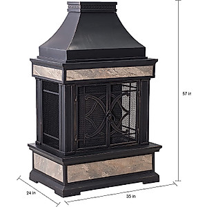 Sunjoy Outdoor Fireplace, Heirloom Patio Wood Burning Steel Fireplace with Chimney, Spark Screen, Fire Poker, and Removable Grate, Black