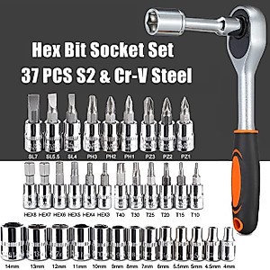 VEHIMACH Drive Socket Set, SAE and Metric Hex Bit Socket Set, Ratchet Wrench Set with S2 & CR-V Sockets, Mechanic Tool Kits for Auto Repair Household